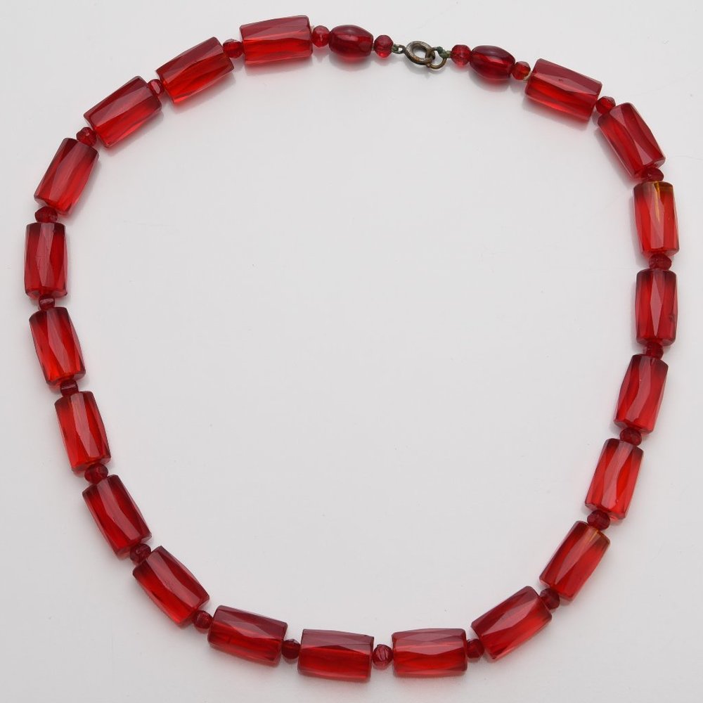 Ruby Red Glass Crystal Bead Vintage Necklace - Gem